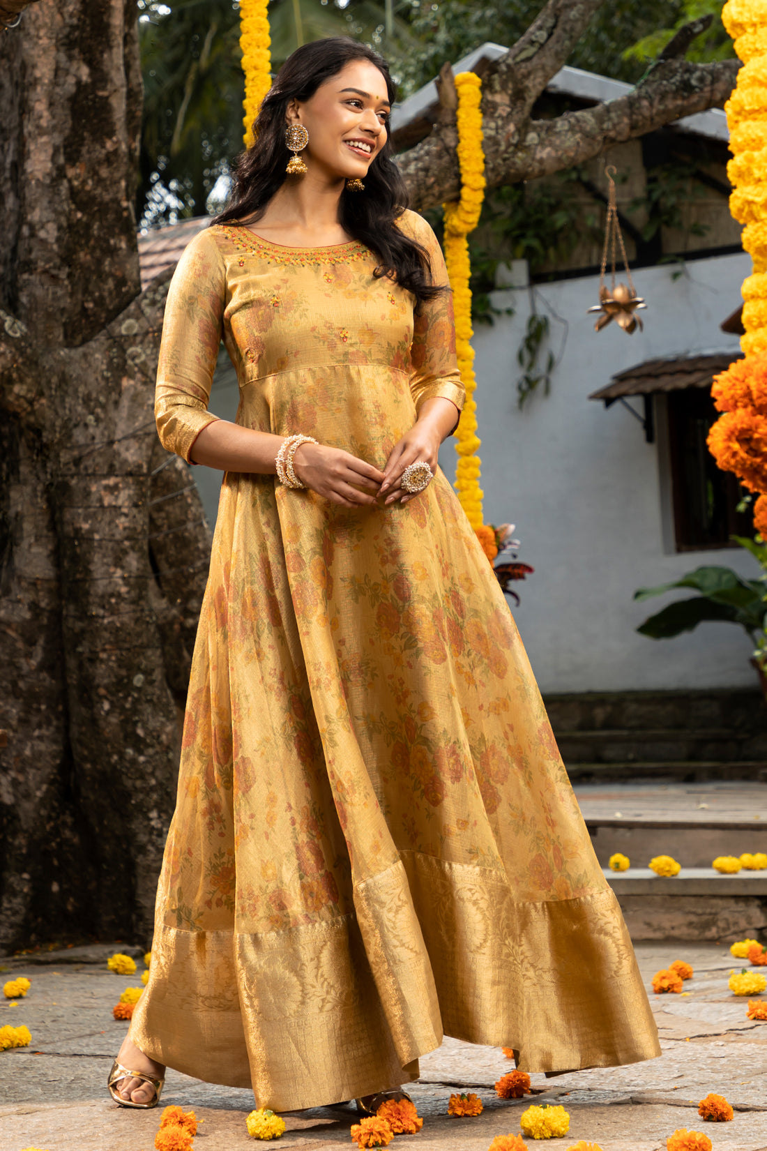 Floral Printed With Silk Zari Anarkali - Gold – Maybell Womens Fashion