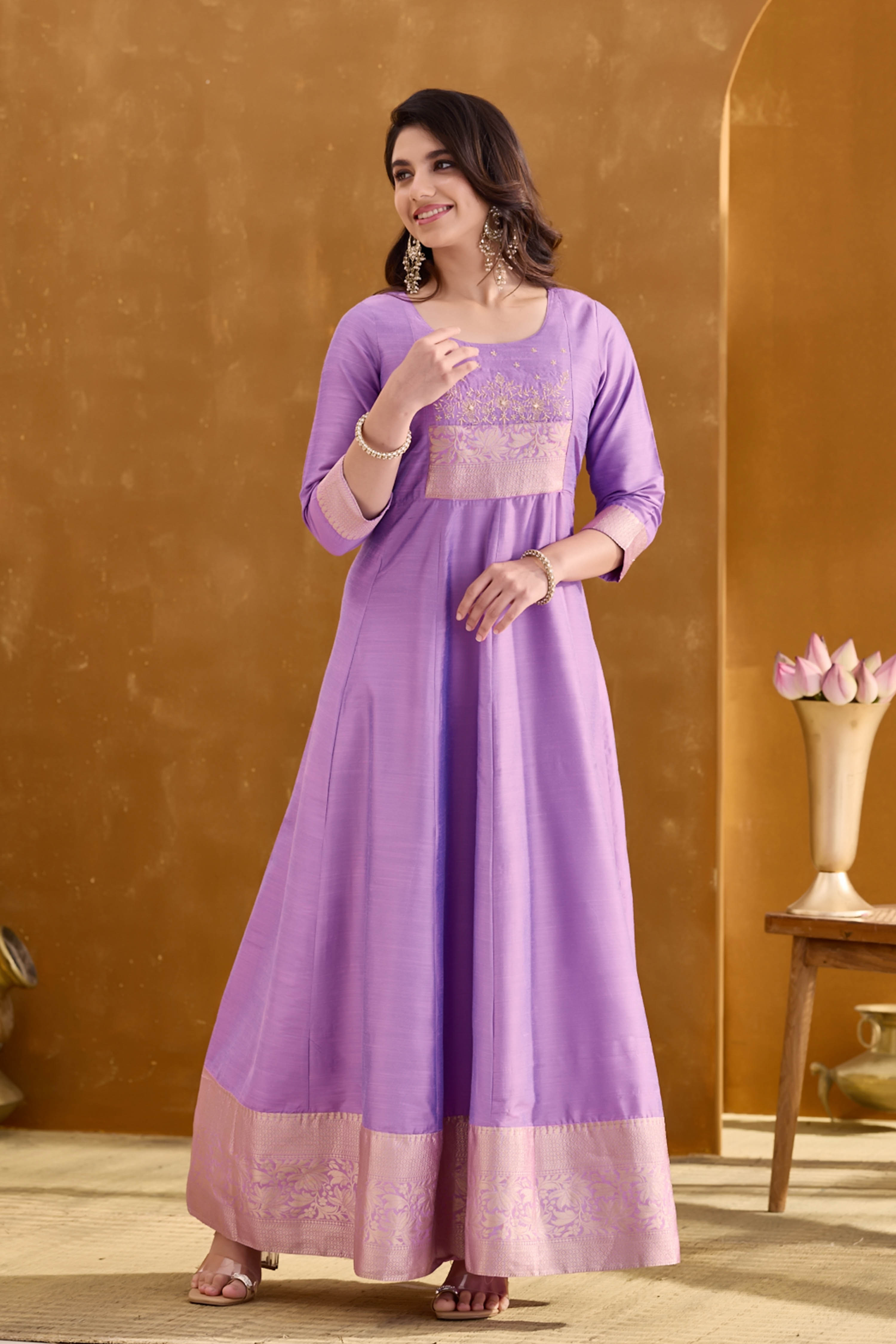 Lavender Anarkali with Embroidery Yoke & Brocade Border – Maybell ...