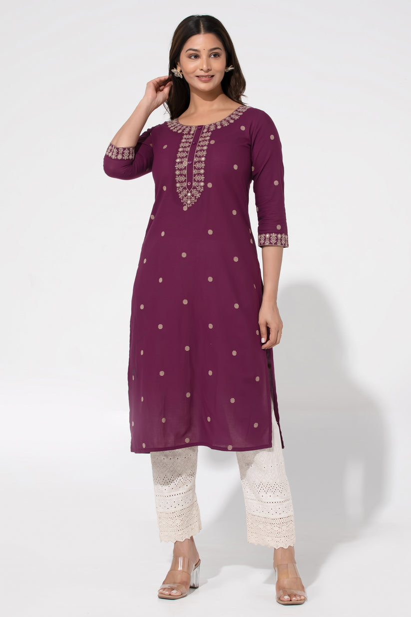 Purple Cotton Dobby Kurta with Foil Mirror Embroidery – Maybell Womens ...