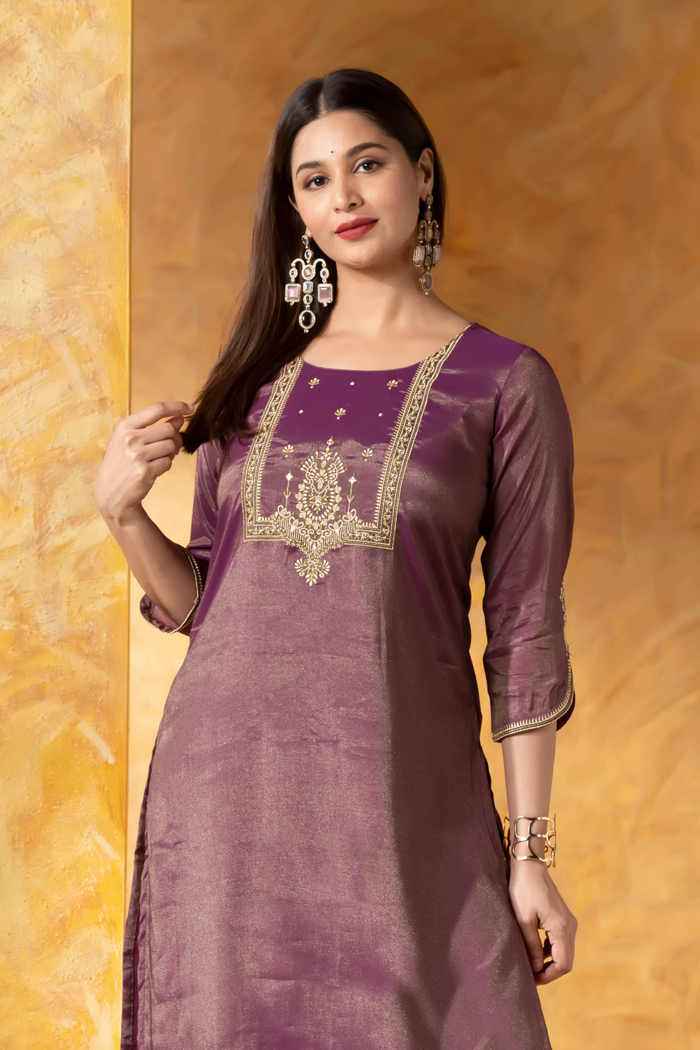 Mauve Straight Line Tissue Kurta with Embroidery & Foil Mirror Work ...