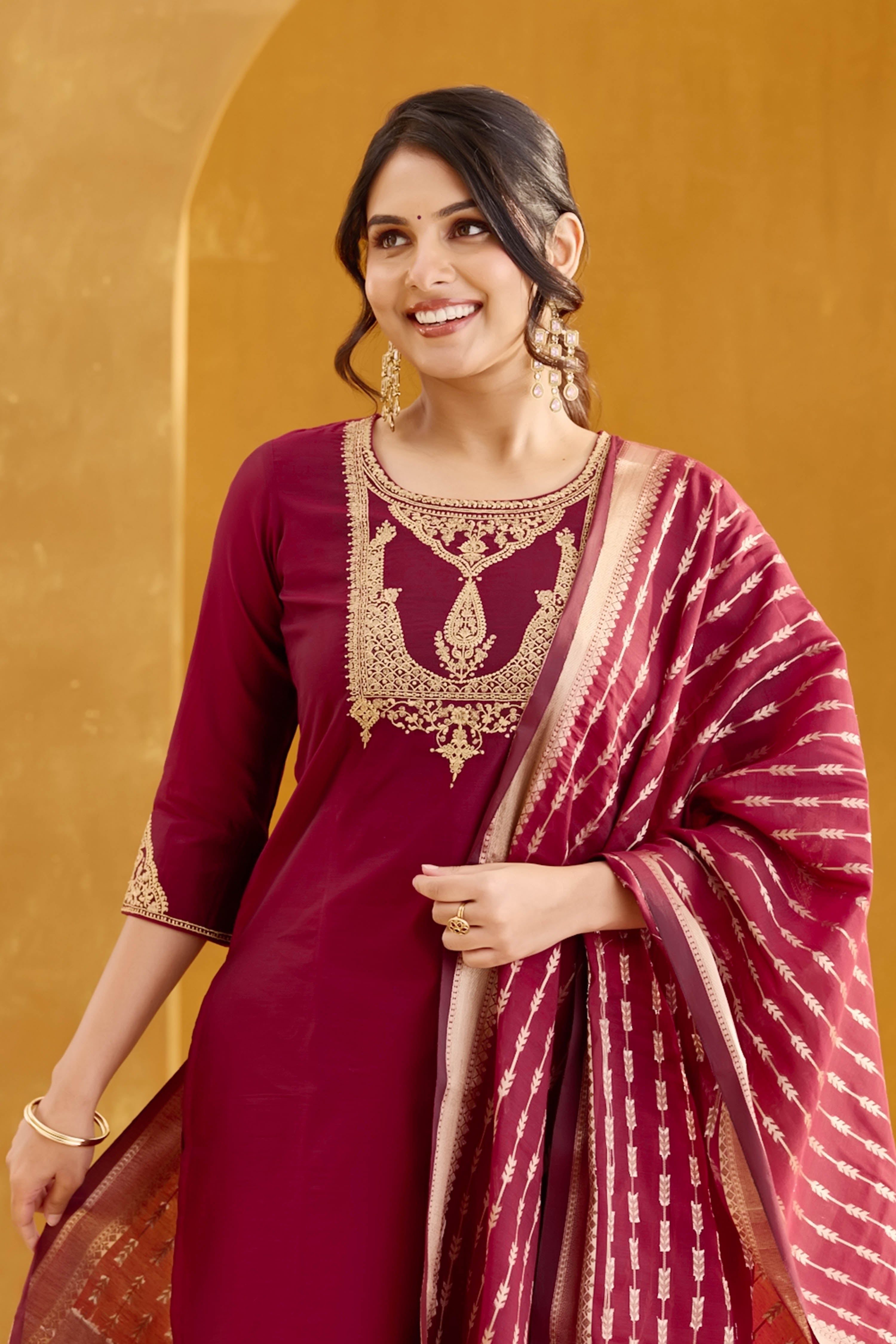Maroon Kurta Set with Embellished Golden Yoke – Maybell Womens Fashion