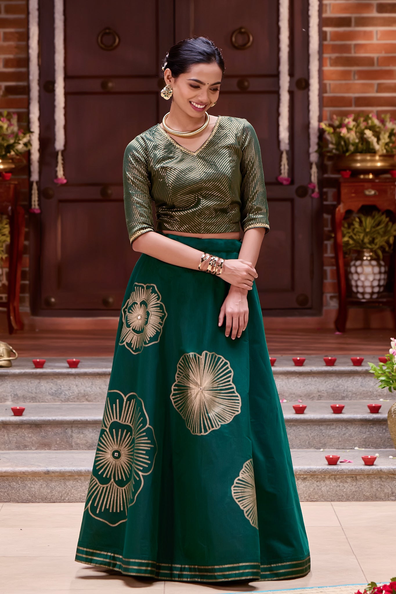 Golden Printed Skirt Set with Foil Mirror and Golden Stripes Crop Tops ...