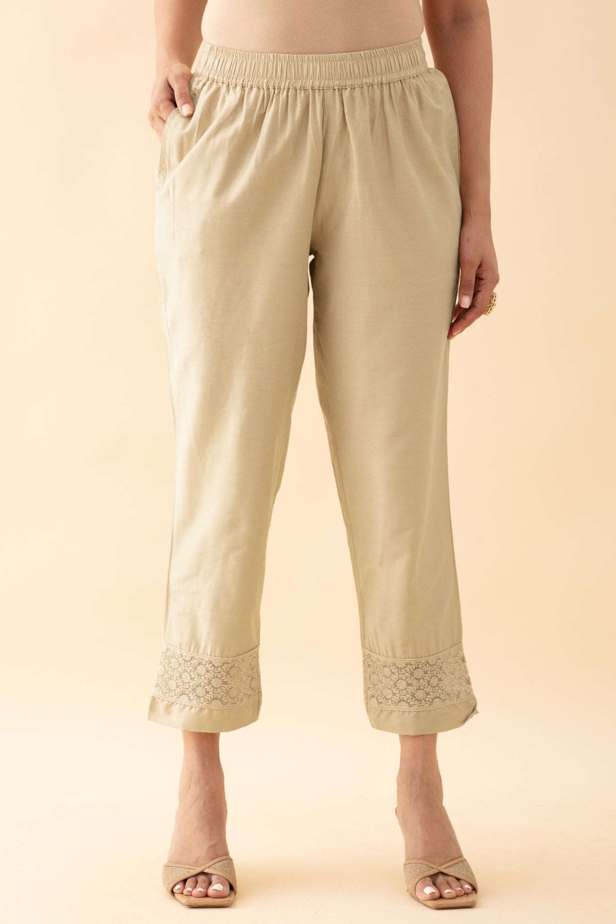 Solid Straight Pant with sequence embriodery hem - Beige – Maybell ...