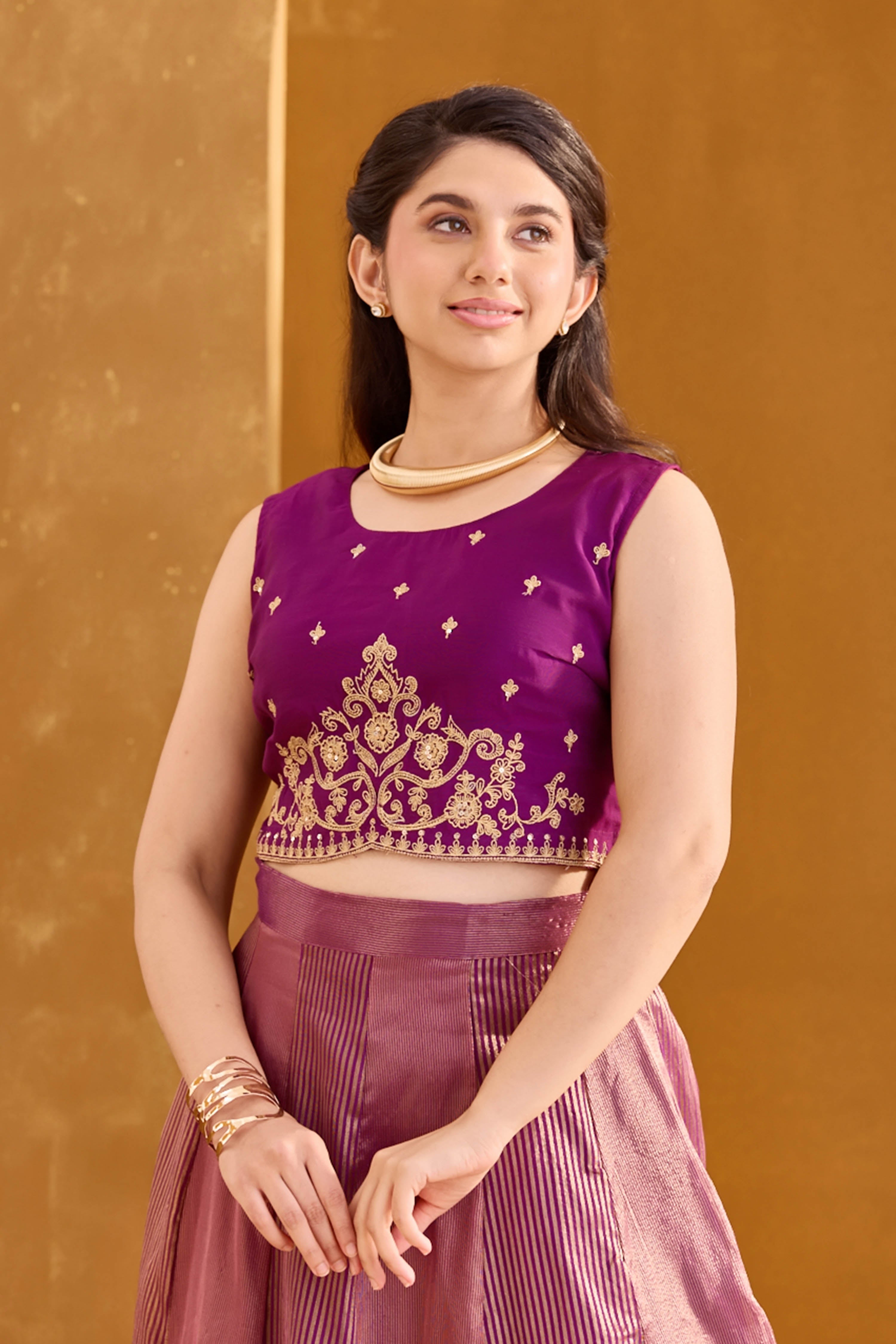 Purple Crop Tunic with Golden Embroidery in Silky Slub (Top Only ...