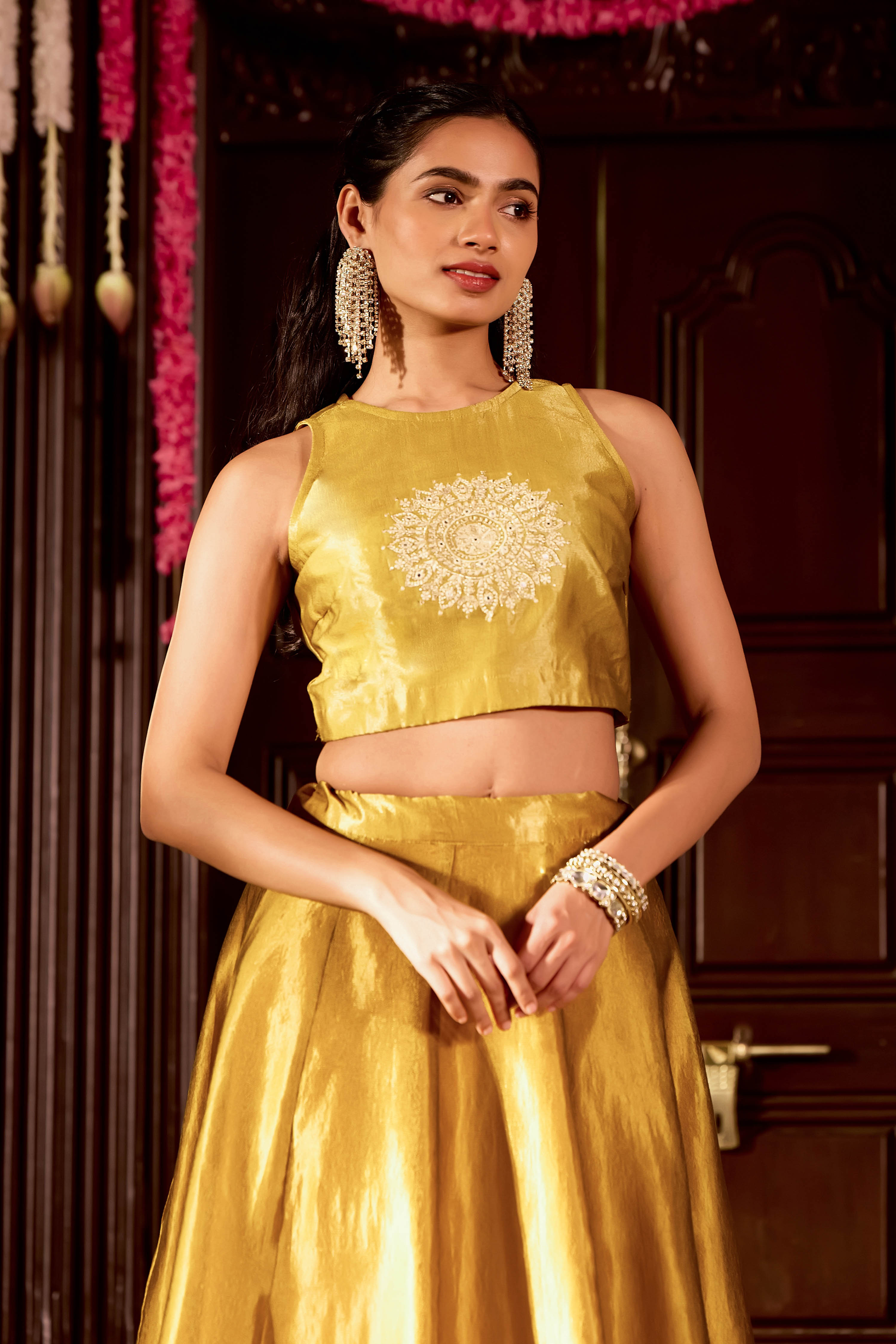 Mustard Crop Tunic with Golden Embroidery & Halter Neck (Top Only ...