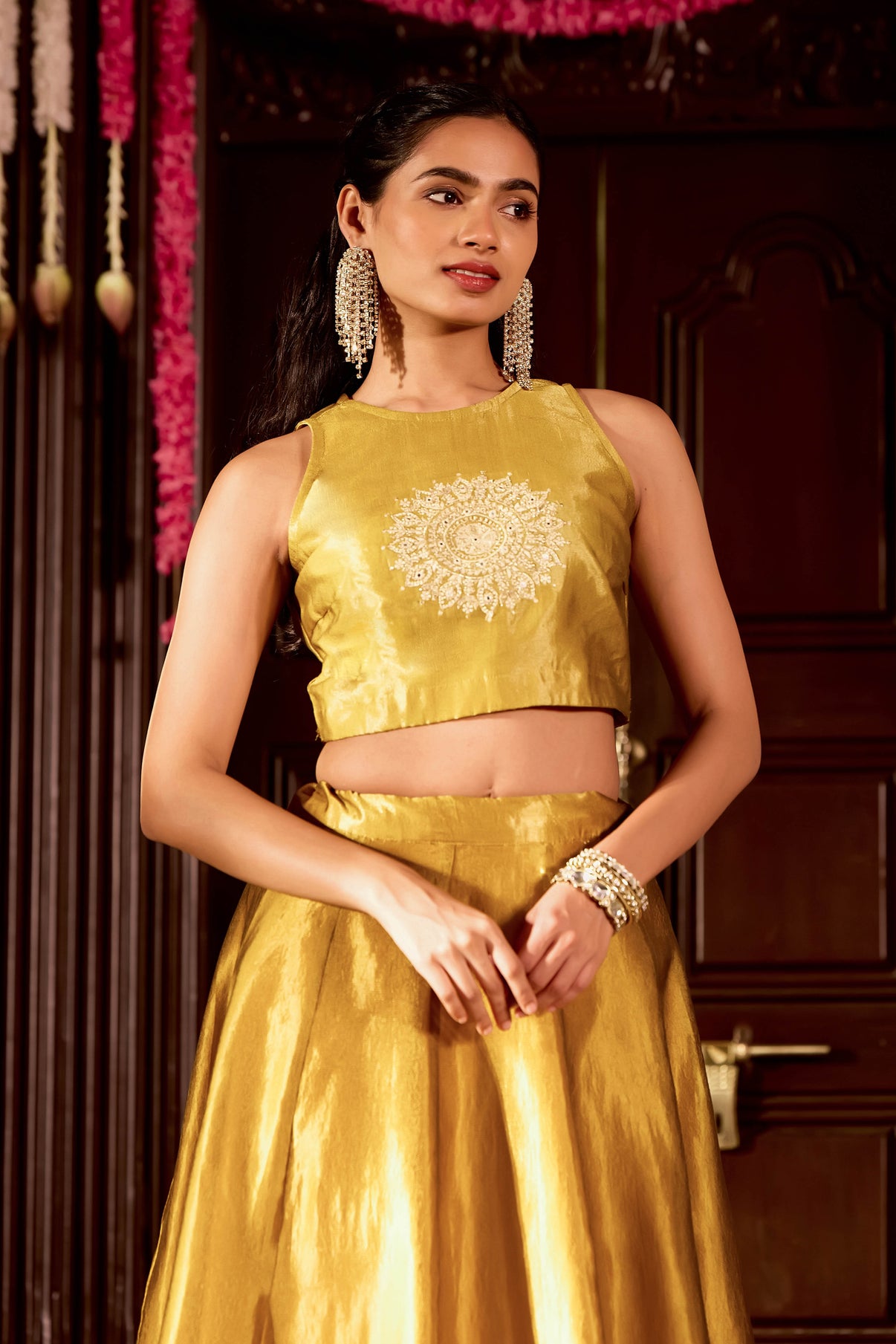 Mustard Crop Tunic with Golden Embroidery & Halter Neck (Top Only ...